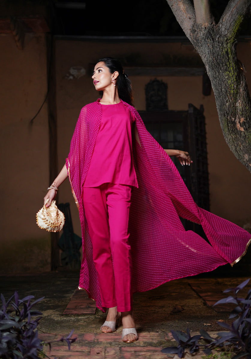 Arya Hot Pink Womens Indo-Western Party Co-ord-Set with Bandhani Cape ...