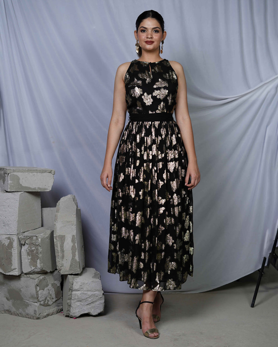 Pataka Black and Golden Lurex Womens Party Dress Gown – Shadesofsabi